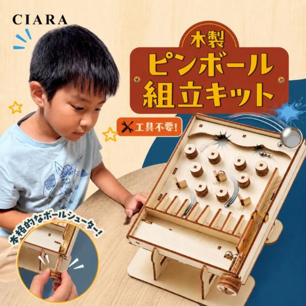 工具も電池も使わずに組み立てられる、木製のピンボール組立キットです。レーザーカット済みのパーツを説明書に沿ってはめ込むだけで、ボールシューター付きの本格的なピンボールが完成します。完成後はレバーを弾いて鉄球を飛ばし、得点エリアを狙って繰り返...