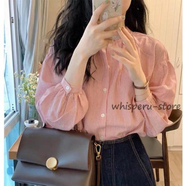 ブラウス レディース シャツ 開襟 ストライプ バルーン袖 長袖 トップス おしゃれ シンプル カジュアル 大人可愛い ファッション 春 秋 新作 体型カバー 着やせ 通勤 通学【品   番】cbrxx29【カラー】ピンク【サイズ】M、L、...