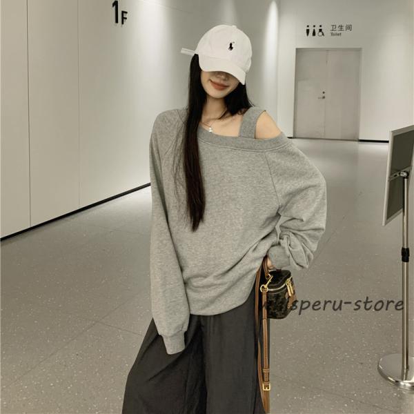 Tシャツ レディース 肩出し クルーネック カットソー トップス 長袖 プルオーバー 無地 シンプル カジュアル 大人可愛い おしゃれ ファッション 春 秋 新作 体型カバー ゆったり 着やせ【カラー】ブラック、グレー【素　材】ポリエステル...