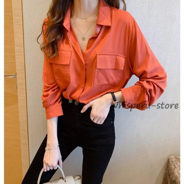 シャツ レディース ブラウス 開襟 ポケット 無地 長袖 トップス おしゃれ シンプル カジュアル 大人可愛い ファッション春 秋 新作 体型カバー 着やせ 通勤 通学【品   番】cbrxx28【カラー】ホワイト、オレンジ、ピンク、ブルー...