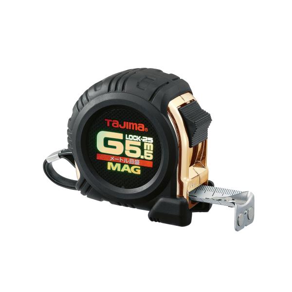 カラー：本体：ゴールド/ブラック、テープ：白サイズ：長さ5.5 mスタイル：幅25mm・爪マグネット付ロックタイプテープ:スチール455mmピッチ表示:あり減速ボタン:なしショックアブソーバー:あり