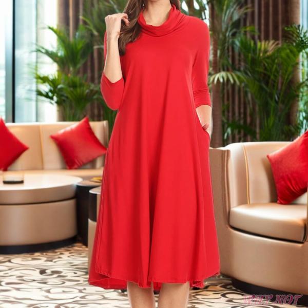 :::::: ロサンジェルス アパレル ::::::インポート from LA, USAUS ミモレ丈7分袖ワンピースゆったりAライン フレアワンピース大き目なカウルネックソリッドカラー　無地サイドポケット付やわらかな手触りのストレッチ レ...