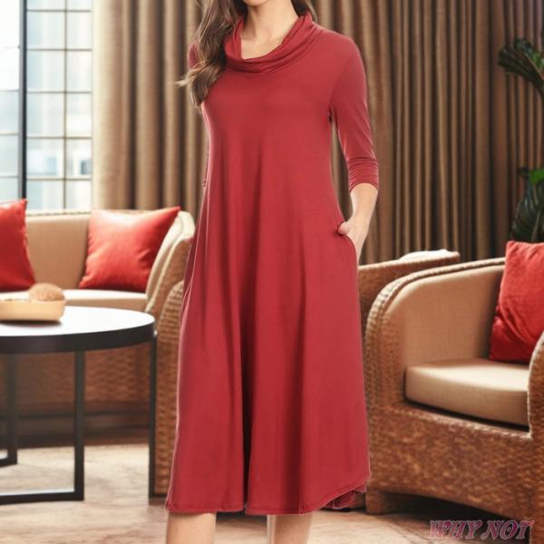 :::::: ロサンジェルス アパレル ::::::Los Angeles Apparelインポート from LA, USAUS ミモレ丈7分袖ワンピースゆったりAライン フレアワンピース大き目なカウルネックソリッドカラー　無地サイドポケ...