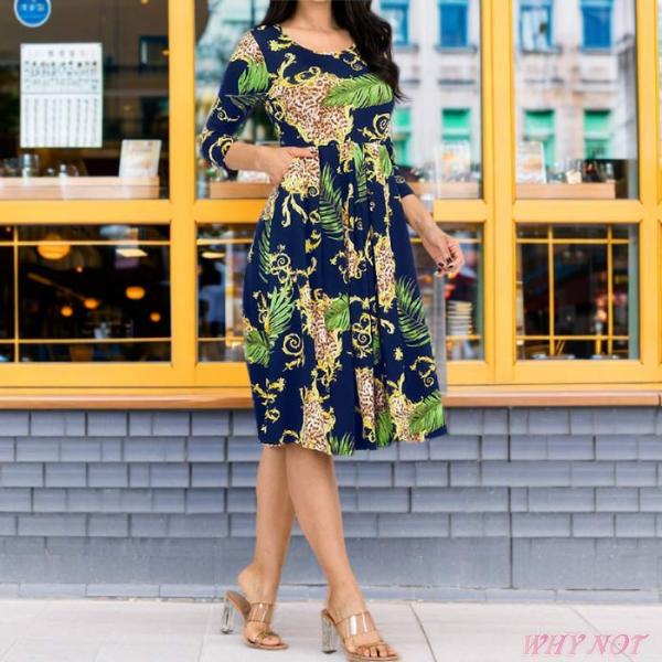 :::::: ロサンジェルス アパレル ::::::インポート from LA, USAUS 7分袖フレアワンピースウエストプリーツミディワンピースラウンドネック 7分袖少し長め ひざ下丈サイドポケット付きチェーン、アニマル、スカーフ柄ツル...