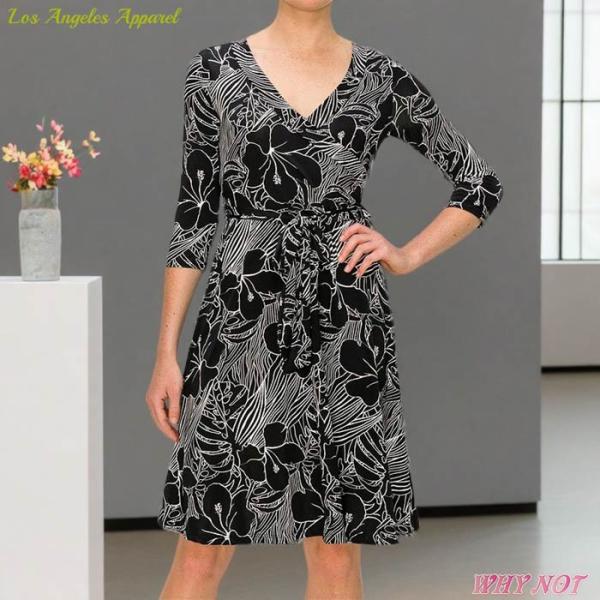 ::::::  ロサンジェルス アパレル  ::::::インポート from LA, USAUS 7分袖フレアワンピースウエストリボンカシュクールワンピースモノトーンフローラルプリントツルっとした手触りストレッチポリエステル素材参考：モデル...