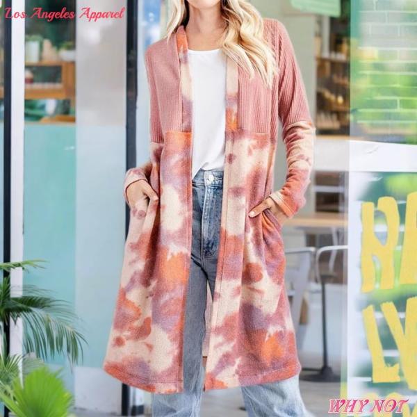 ::::::  ロサンジェルス アパレル  ::::::インポート from LA, USALAインポート商品オープンカーディガン切り替えグラデーションタイダイプリントひざまでの長め丈サイドポケット付きゆったりサイズポリエステル素材参考：モ...