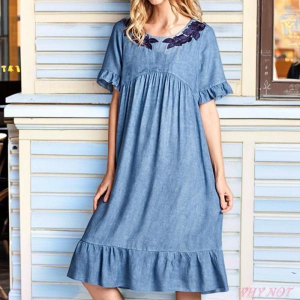 ::::::  ロサンジェルス アパレル  ::::::インポート from LA, USAUS インディゴダンガリーワンピース半袖 Aラインスタイルティアードヘムラインフラワー刺繍のクルーネックそでとすそがラッフルノンストレッチLAブラン...