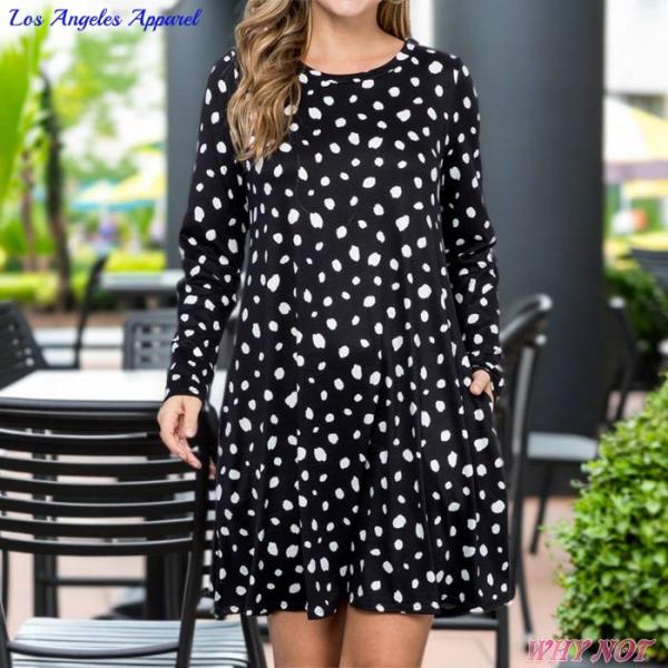 ::::::  ロサンジェルス アパレル  ::::::インポート from LA, USA長袖チュニックワンピースチュニックでもワンピでもAライン スウィングスカートサイドポケット付きゆったりスタイル黒地に白のポルカドットプリントしっとり...