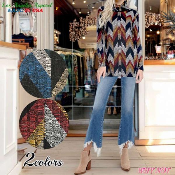 :::::: ロサンジェルス アパレル ::::::インポート from LA, USA気になるラインは隠して 印象はシャープに一枚でサマになる　存在感ジオメトリックパターンタートルネックリブニットトップスヒップが隠れるロング丈かさばらない...