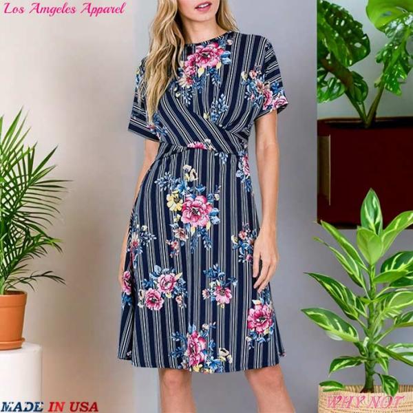 ::::::  ロサンジェルス アパレル  ::::::インポート from LA, USAUS 半袖ワンピースひざ下丈フレアラウンドネック少し長めの半袖濃いネイビーに白のストライプにバラ柄プリント少し落ち着いた色合いストレッチポリエステル...