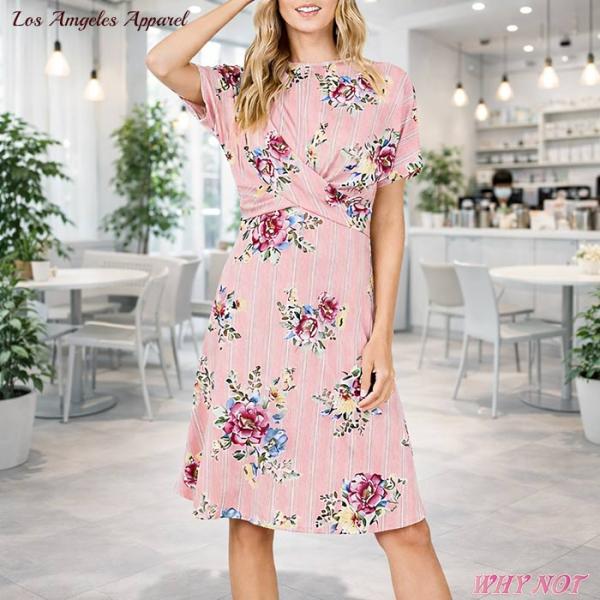 ::::::  ロサンジェルス アパレル  ::::::インポート from LA, USAウエストデザインで自然にスタイルアップ締め付け感なしきれい見えが叶うワンピースUS 半袖ワンピースひざ下丈フレアラウンドネック少し長めの半袖ピンクに...