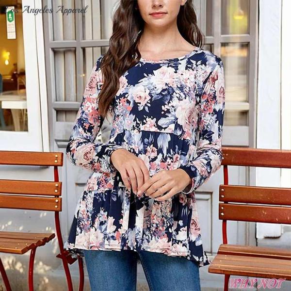 ::::::  ロサンジェルス アパレル  ::::::インポート from LA, USAゆったり長袖トップスティアード風の２段プリーツフローラルプリントゆったりストレッチツルっとした柔らか手触りポリエステル素材参考：モデルは約170cm...