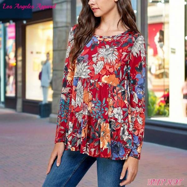 ::::::  ロサンジェルス アパレル  ::::::インポート from LA, USAゆったり長袖トップスティアード風の２段プリーツフローラルプリントゆったりストレッチツルっとした柔らか手触りポリエステル素材参考：モデルは約170cm...