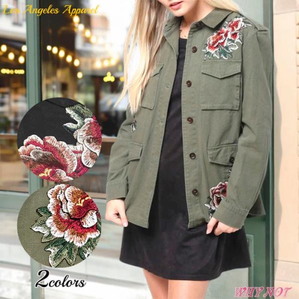 ::::::  ロサンジェルス アパレル  ::::::インポート from LA, USAミリタリージャケットローズ刺繍　パッチワーク大き目な4つのポケットノンストレッチコットン素材〜参考：モデルは170cm、Sサイズを着用LAブランド　...