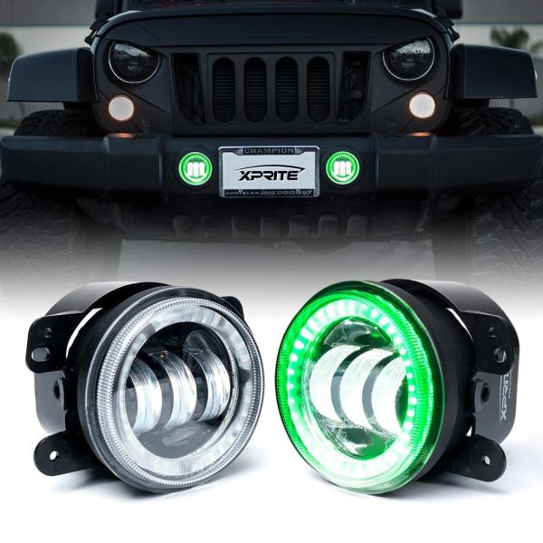 商品名: Xprite 4インチ LED フォグライト | 60W CREE LED フォグライト グリーンハローリングアングルアイDRL | フォグライト 07-18 Jeep Wrangler JK オフロード用 | フロントバンパー交...