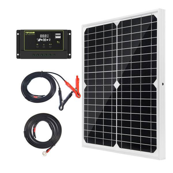 商品名:  Topsolar Solar Panel Kit 20W 12V Monocrystalline with 10A Solar Charge Controller + Extension Cable with Battery C...