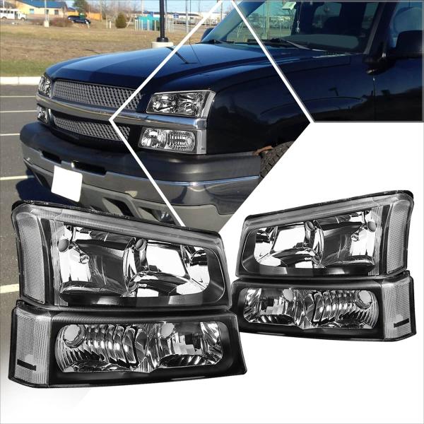 商品名:  PM PERFORMOTOR [4Pcs-Set] Bumper Lamps+Headlights Assembly Compatible with Chevy Silverado ?Avalanche 03-06,Black ...