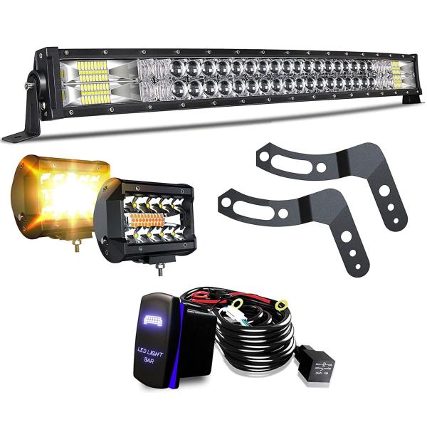 商品名: ASLONG 32インチ LEDライトバー 180W 5D スポットフラッドカーブ 4インチ ホワイト/アンバーイエロー LEDポッドライト 配線ハーネス ロッカースイッチ 32インチライトバーマウントブラケット 1組 Polar...