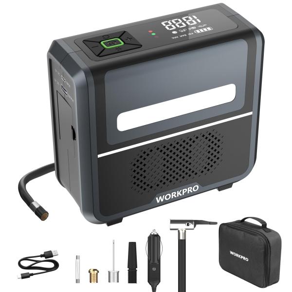 商品名: WORKPRO タイヤインフレーター ポータブルエアコンプレッサー 12V ポータブルエアポンプ 車のタイヤ用 7500mAhバッテリー付き 150PSI エアコンプレッサー 車用3イン1タイヤポンプ 空気入れ デュアル電源付き ...