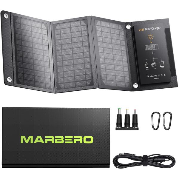 商品名: MARBERO 21W ポータブルソーラーパネル 発電所ソーラー充電器用 ソーラー発電機用 折りたたみ式ソーラーパネル キャンプ RV旅行用 QC3.0 USBポート&amp;DC出力 iPhone iPad ノートパソコンなど対...