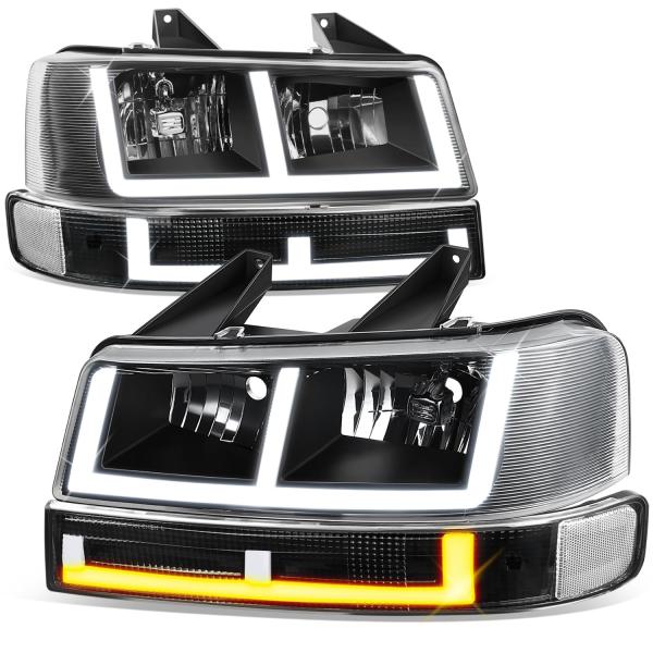 商品名: Auto Dynasty スイッチバック E-LED DRL コンポジットヘッドライトアセンブリとバンパーランプ シボレーエクスプレス GMC Savana 1500-4500 2003-2024、運転席&amp;助手席側、ブラッ...