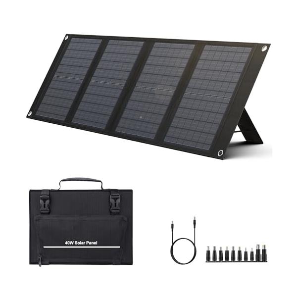 商品名: 40ワット ポータブルソーラーパネル 100W~200W ポータブル発電所用 折りたたみ式ソーラー充電器 12-15V DC出力 (コネクタ11個) 調節可能なキックスタンド付き USB QC3.0ポート キャンプ ハイキング バ...