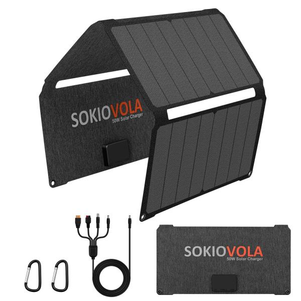 商品名: SOKIOVOLA 50W ポータブルソーラーパネル 3つの出力ポート (USB-A USB-C, DC) ETFE 折りたたみ式ソーラーパネル IP68 防水 キャンプ RV アウトドア活動 ハイキング 小型電源などに, SJS...