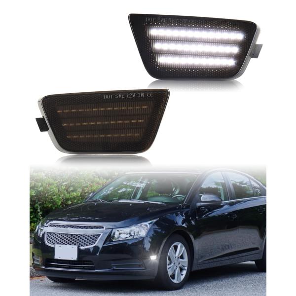 商品名:  PWOBVZ White LED Side Marker Lights Assembly for Chevy Cruze 2011 2012 2013 2014 2015, Smoked Lens Front Bumper Si...