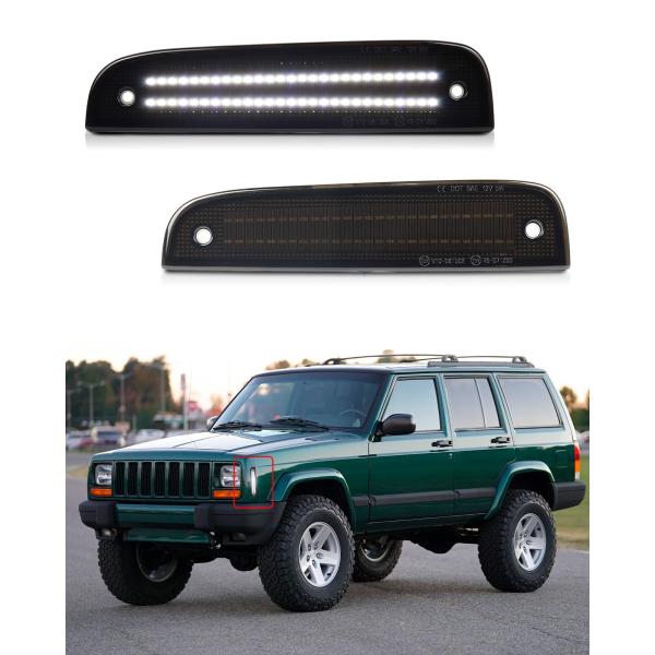 商品名: PWOBVZ ホワイトLEDフロントサイドマーカーライト、ジープチェロキーXJシャーシ1997 1998 1999 2000 2001、スモークレンズフロントバンパーコーナーパーキングシグナルランプ、2個パック PWOBVZ Wh...