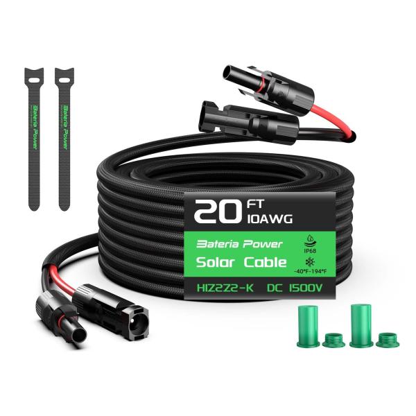 商品名: Bateria Power 1ペア 20フィート ソーラーケーブル、IP68メス&amp;オス防水コネクタ付き10ゲージソーラー延長ケーブル、RV、太陽光発電システム用保護スリーブとダストキャップ 10AWG 20FT Twin ...