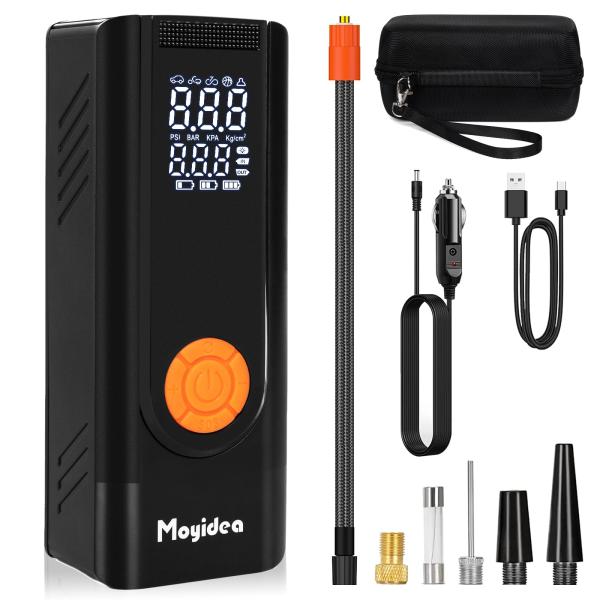 商品名: Moyidea タイヤインフレーター ポータブルエアコンプレッサー 高速コードレスエアポンプ LEDライト付き 12V パワー電動タイヤポンプ デジタルゲージ圧力付き 車のタイヤ、オートバイ、バイク、ボール用 - 収納バッグ付き ...