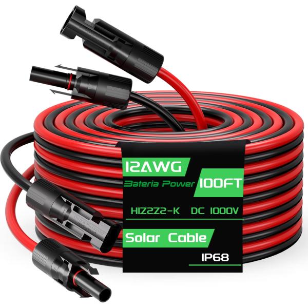 商品名: Bateria Power 100フィート 12AWG ソーラーパネル延長ケーブル 12ゲージ 4mm? PVワイヤー メス&amp;オス防水コネクタ付き RV、太陽光発電システム用 2本セット 100FT 12AWG Solar...