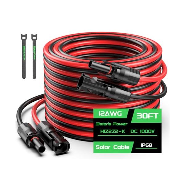 商品名: Bateria Power 12AWG ソーラーパネル延長ケーブル 30フィート 12ゲージ PVワイヤー メス&amp;オス防水コネクタ付き RV、太陽光発電システム用 2本セット 30FT 12AWG Solar Panel ...