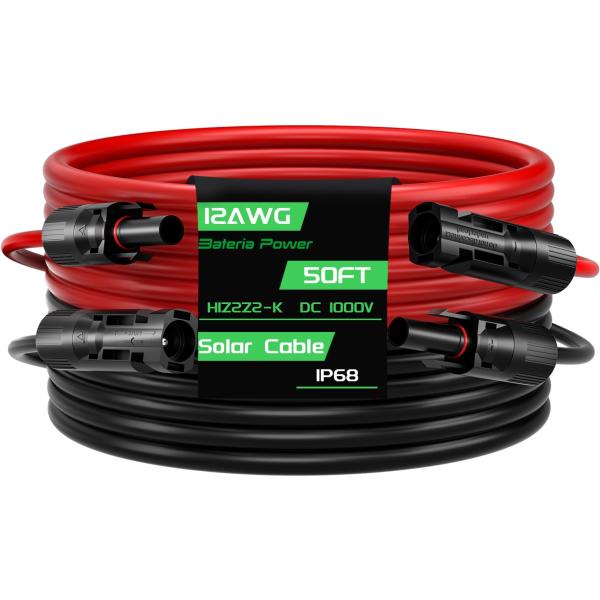 商品名: Bateria Power 12AWG ソーラーパネル延長ケーブル 50フィート 12ゲージ PVワイヤー メス&amp;オス防水コネクタ付き RV、太陽光発電システム用 2本セット 50FT 12AWG Solar Panel ...