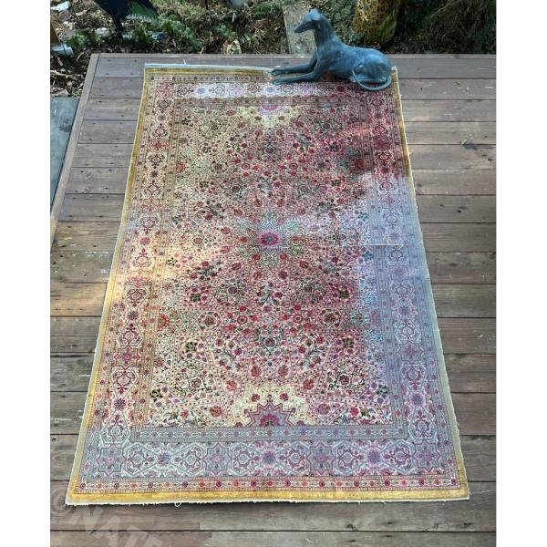 【中古】ラグ カーペット 絨毯 手織り シルク ビンテージラグ 199X125cm 神聖幾何学 ガレージなどに最適 骨董 ビンテージ 1点物