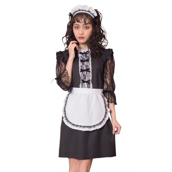 【ハロウィン Moon Talk リュバンメイド レディース 女性用 仮装 衣装 コスチューム コスプレ】女の子が満足するガーリーを追求したMoonTalkシリーズ。リボンが沢山付いたガーリーなメイド。小さめの襟にタイトなシルエットが今っぽ...
