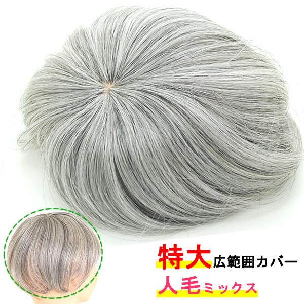 【別ページでサイズ違いも販売中】★重要★別ページでスプレーが付いたお買い得セットも販売中人毛ミックスで自然な仕上がりグレーヘアー白髪タイプ人工地肌付きつむじ【9008Aを大きくした特大サイズ】品番：9008Aの商品をご愛用の方からご要望の多...
