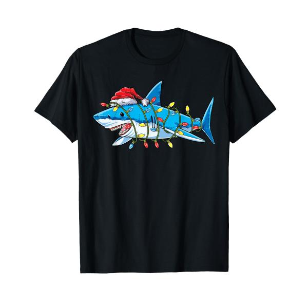 【商品概要】Santa Shark Christmas Lights Clothing Gifts. This Sharkmas graphic apparel showing Santa hat and Xmas lights aroun...
