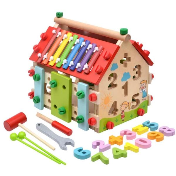 【商品概要】子供の成長に役立つ知育玩具です。人気シリーズ『大工さんごっこ　お家をつくろう』可能性を引き出すいろんな工夫。木琴 型はめパズル ボール遊びなど遊びの中から学べる大工さんセットです指先訓練 数字 形状認識 色彩認識 創造力 想像力...