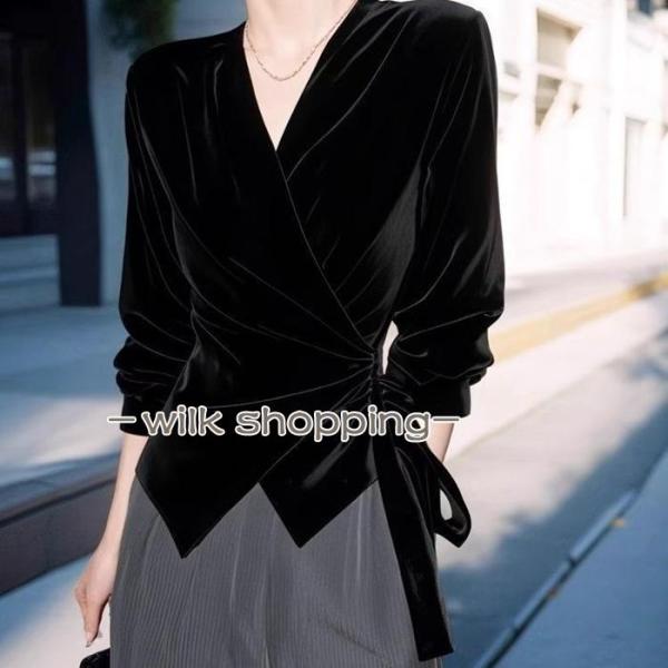 ■：qingqing01■カラー：ブラック■サイズ：LXL2XL3XL■素材：ポリエステル■関連キーワード：ブラウス レディース 長袖 ベロア ベルベット Vネック 襟なし リボン 紐付き ウエストマーク ?見え 着痩せ 体型カバー ブラッ...