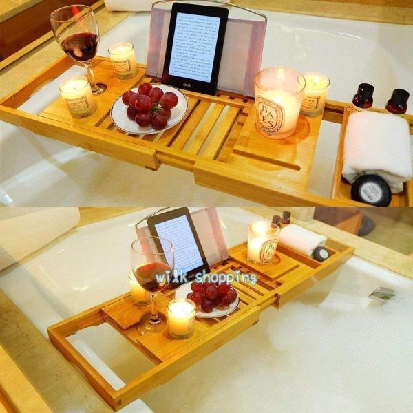 入浴中快適に過ごせるバスタブトレーです。普通タイプ（1.x70cm）   伸縮式　(70-10.)x22cm伸縮式ですのでご家庭のバスタブサイズに合わせてご使用いただけます。どんなバスタブも使えます。●グラスホルダー、タブレットスタンド、ス...