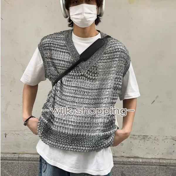 ニットベスト メンズ Vネック メッシュ編み 重ね着 プルオーバー セーター 無地 ノースリーブ トップス メンズファッション おしゃれ かっこいい シンプル 秋 冬 春 大人ger63【カラー】ブラック、ブルー【サイズ】L、XL、2XL【...