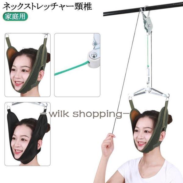 使用説明：1.スタンドをドアに固定し。2.ネジロックを回し、スタンドを固定。3.計量器の長さを調整し、三角ハンガーを開く、計量器と組み合わせて。4.牽引ベルトを三角ハンガーに掛けて、適応の位置に調整 してください。5.椅子に坐て牽引マスクを...