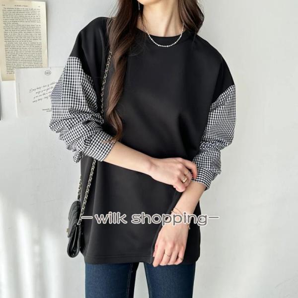 ◆販売内容：tシャツ◆素材：ポリエステル コットン◆色：ブラック◆伸縮性：なし　透明度：なし◆サイズ情報：約着丈66cm バスト122cm肩幅67cm袖丈40cmカットソー レディース シャツ 長袖 チェック柄 トップス カジュアル 切り替...