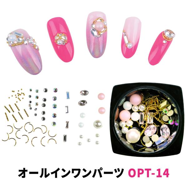ネイルパーツセット オールインワンパーツ　タイプ：OPT-14・何種類ものネイルパーツを別々に買い集めると、それなりに費用もかさみますよね。・ワンポイントで使いたいのに、10個入り、20個入りで販売していることも。・数種類のオールインワンパ...