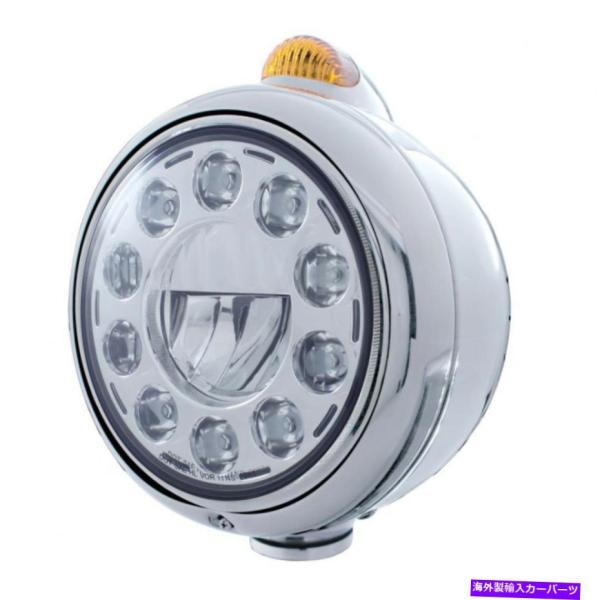 USヘッドライト Chrome LED「ガイド」ヘッドライト11 LED高電源電球とアンバーレンズ Chrome LED "GUIDE" Headlight with 11 LED High Power Bulb and Amber Lens
