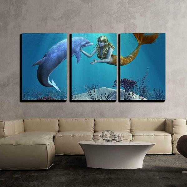 パネルアート Wall 26-a Friendly Dolphin Greets a Mermaid Undersea-CVS - 16 インチx 24 インチx 3 パネル- show original title