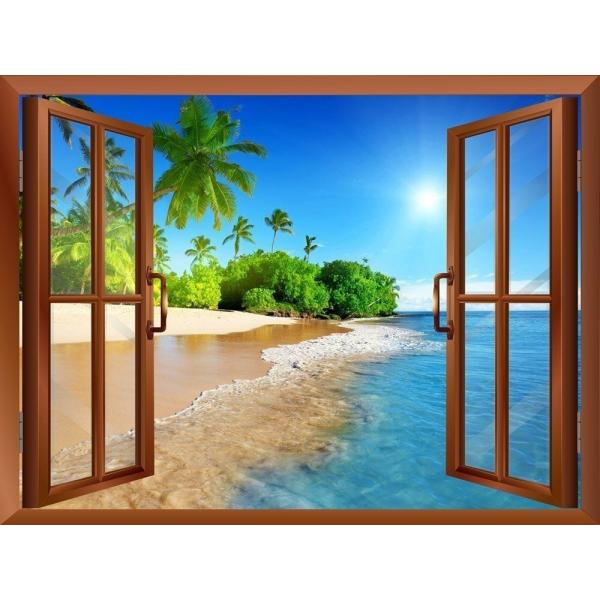 パネルアート 浜辺のPalm Tree and Clear Sea View from in a Window/Wall Mural - 24x32- show original title