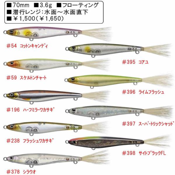 スローに巻くだけでバスが湧き、疑うことなく深く喰う・・・数々のタフバスを仕留めてきたシークレットI字系プラグがついに製品化。全長：7.0cm自重：3.6gタイプ：フローティング潜行レンジ：水面〜水面直下リング(スナップ)サイズ：【フックアイ...