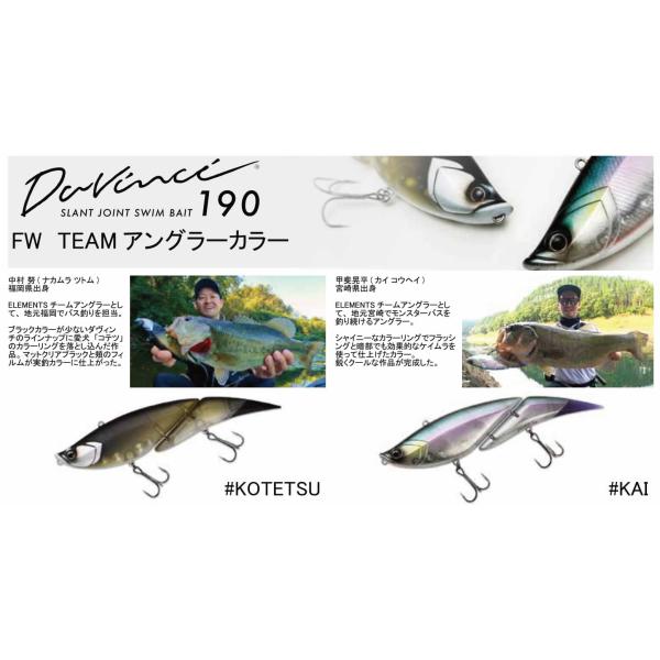 TEAMアングラーカラーダヴィンチは、特許出願の「斜めジョイント」構造の新しいスイムベイトです。斜めジョイントにする事で、本来の魚の尾ビレの艶めかしい動きを再現しました。ダヴィンチの特徴は2つのアイを装備し、「ツイストロールアクション」でサ...